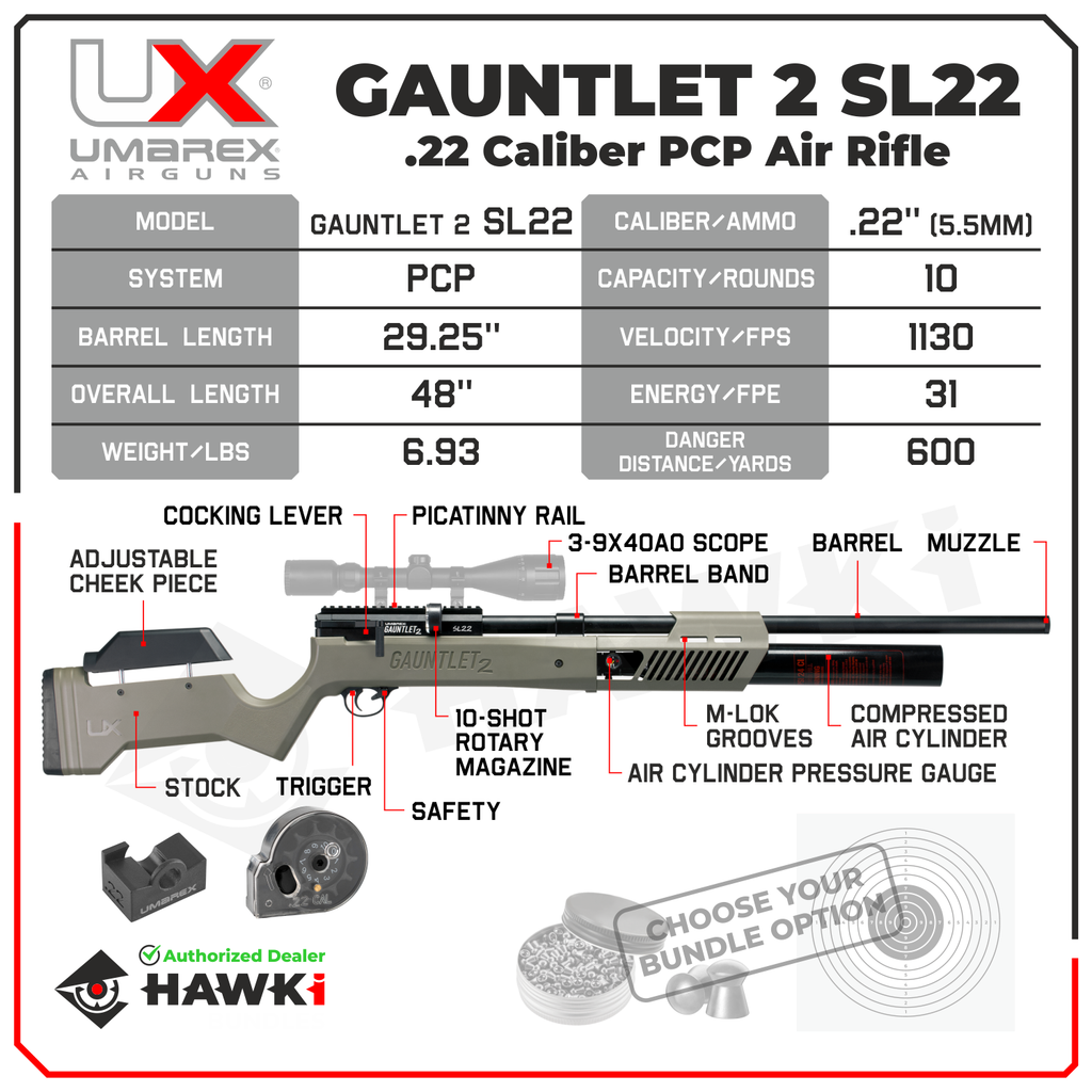 Umarex Gauntlet 2 SL22 .22 Caliber PCP Side Lever Air Rifle (2254832 ...