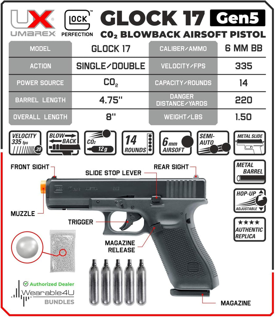 Umarex Glock G17 Gen5 C02 Blowback Airsoft Pistol with 5xCO2 Tanks and ...