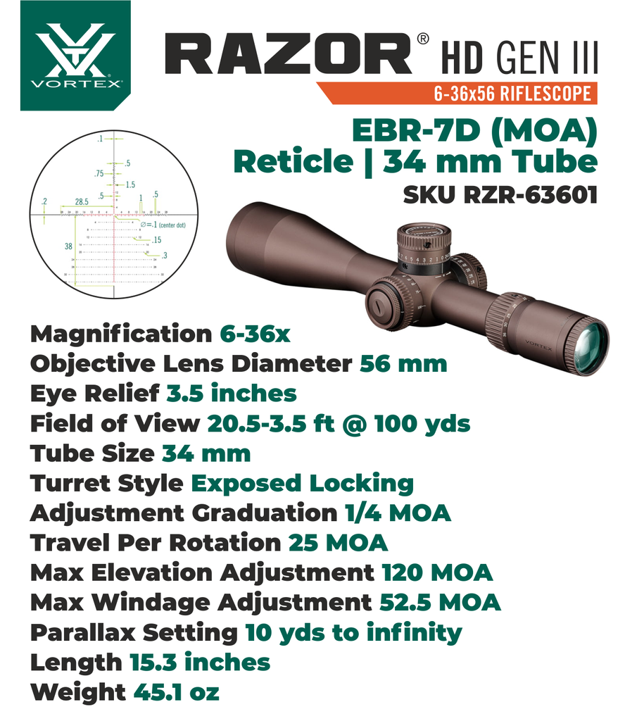 Vortex Optics Razor HD Gen III 6-36x56 FFP EBR-7D (MOA) Reticle 34 mm ...