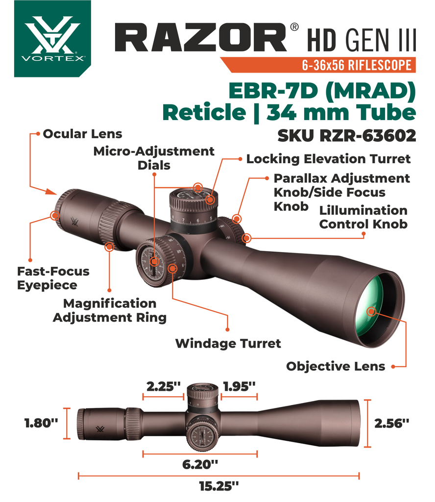 Vortex Optics Razor HD Gen III 6-36x56 FFP EBR-7D (MRAD) Reticle 34 mm ...