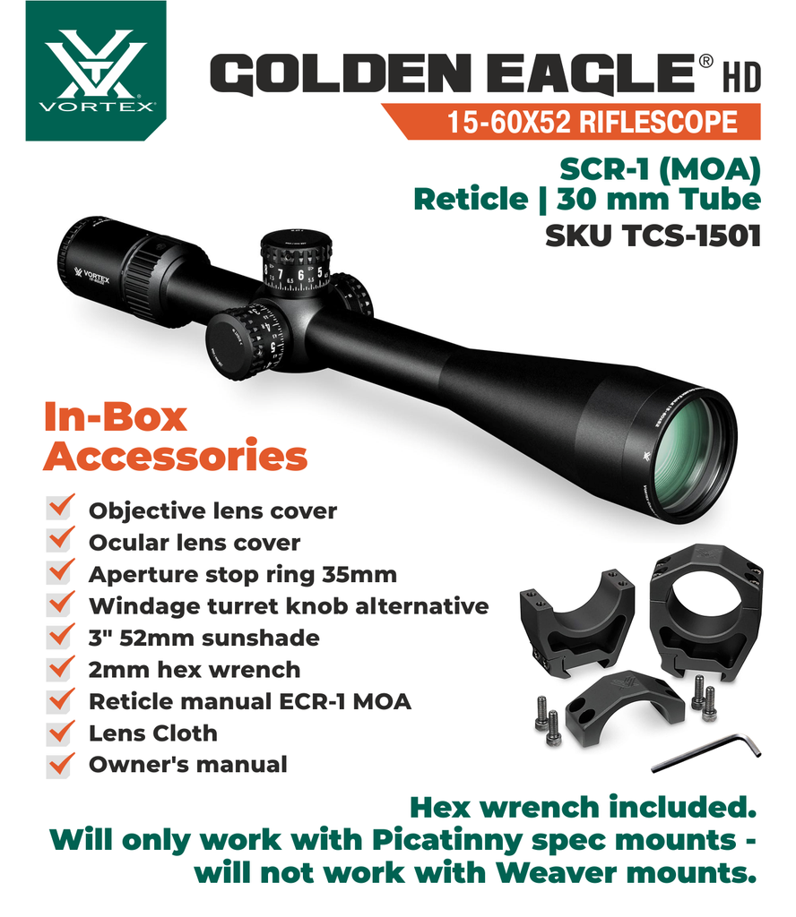 Vortex Optics Golden Eagle HD 15-60x52 SCR-1 MOA Riflescope with Vorte ...